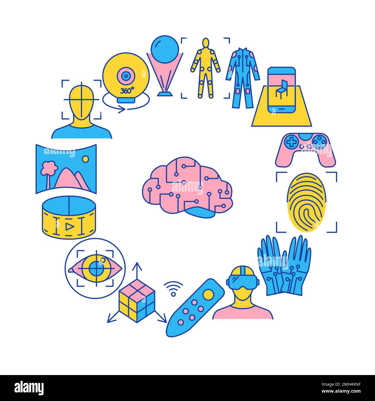 Virtual reality round banner in colored line style. Modern computer ...