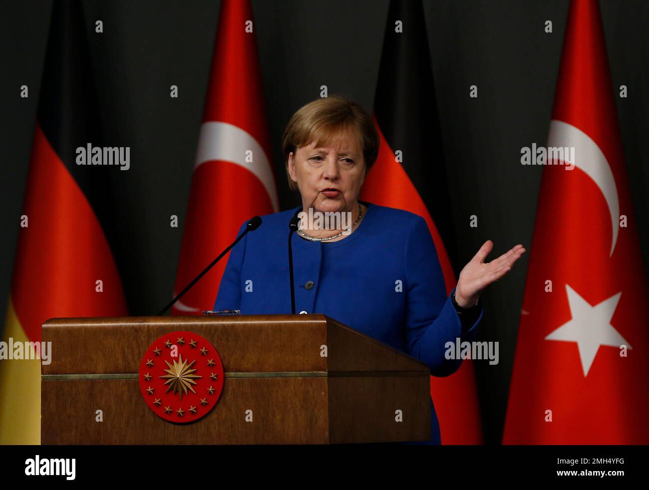 Germany's Chancellor Angela Merkel talks during a joint news conference ...