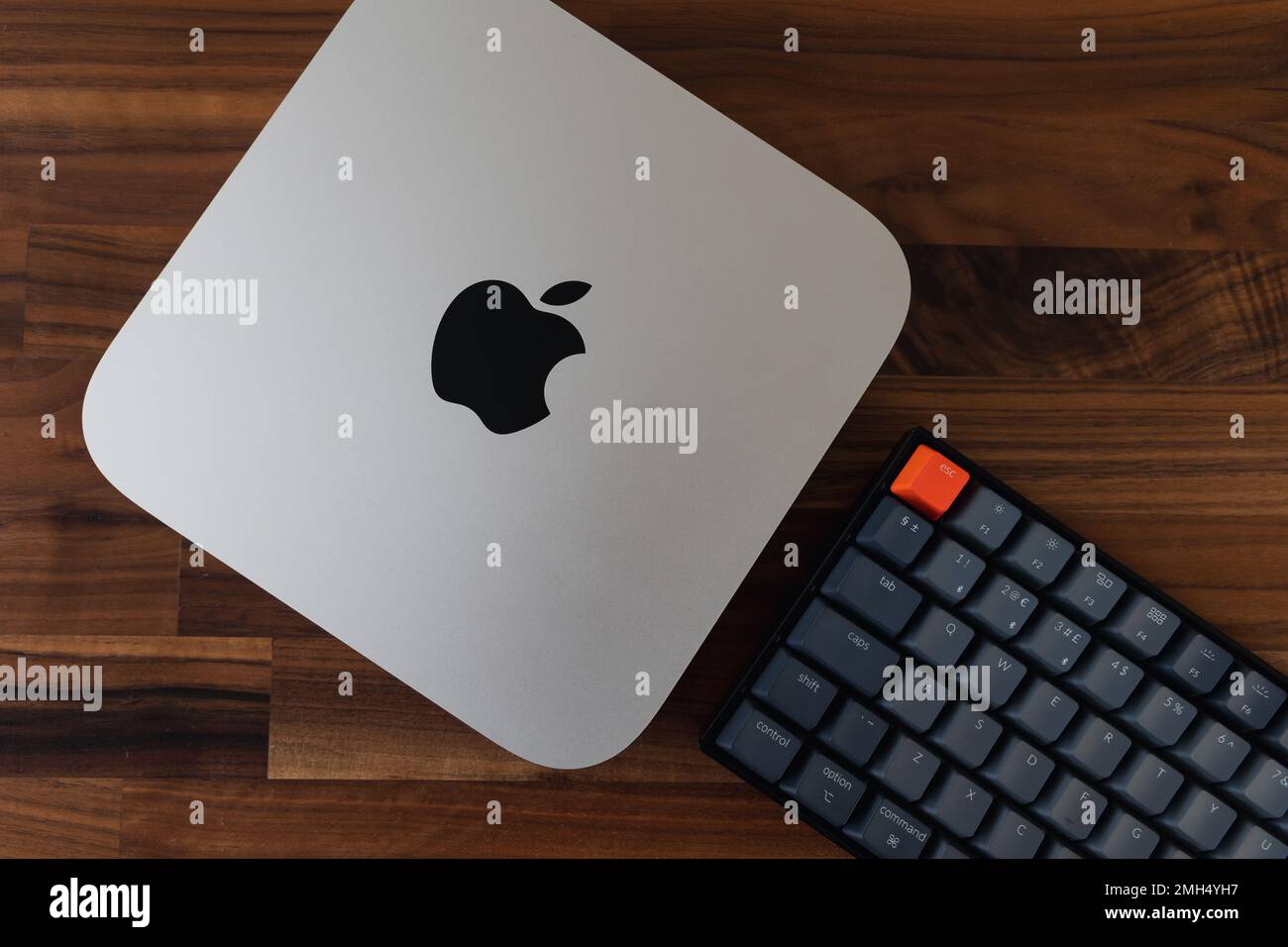 LONDON - JANUARY 24, 2023: Apple Mac Mini computer with logo top view ...