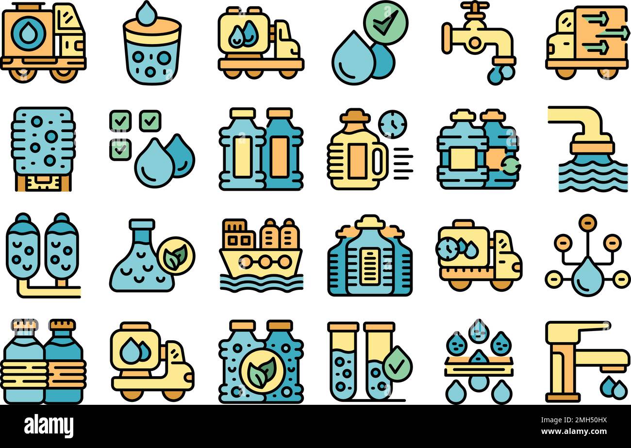Water carrier icons set outline vector. Drink tank. Pipe truck color ...