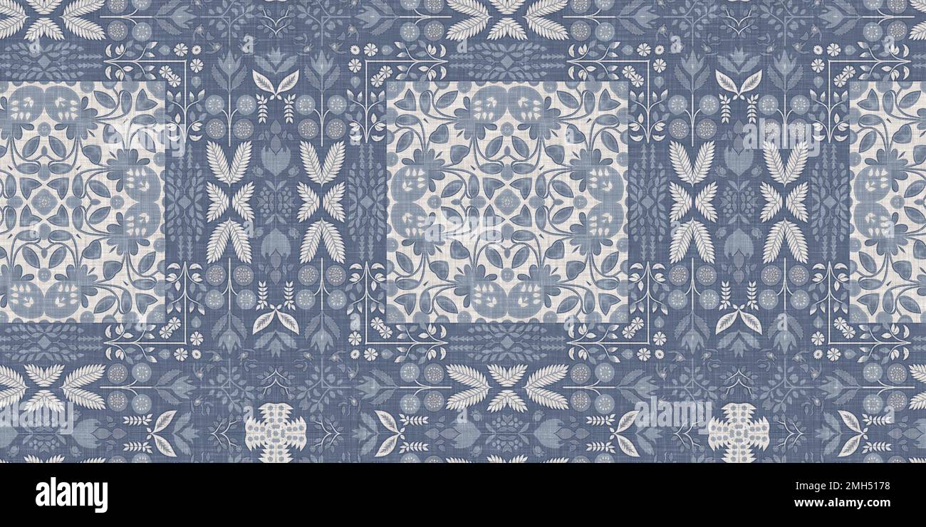Farmhouse blue intricate damask seamless border. Tonal french country ...
