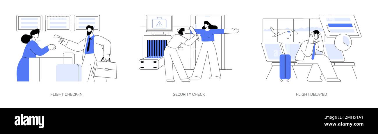 Business trip abstract concept vector illustration set. Flight check-in ...