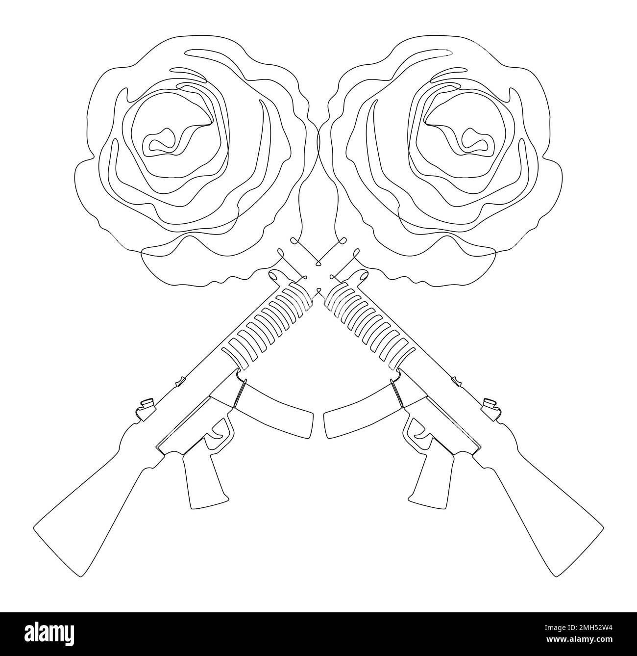 One continuous line of a Machine Gun with Rose. Thin Line Illustration ...