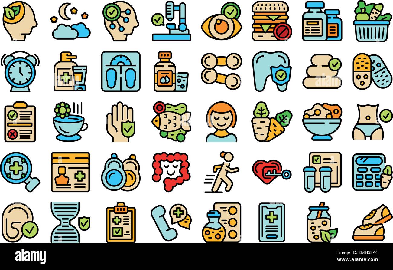 Good health icons set outline vector. Exercise plan. Hospital color ...