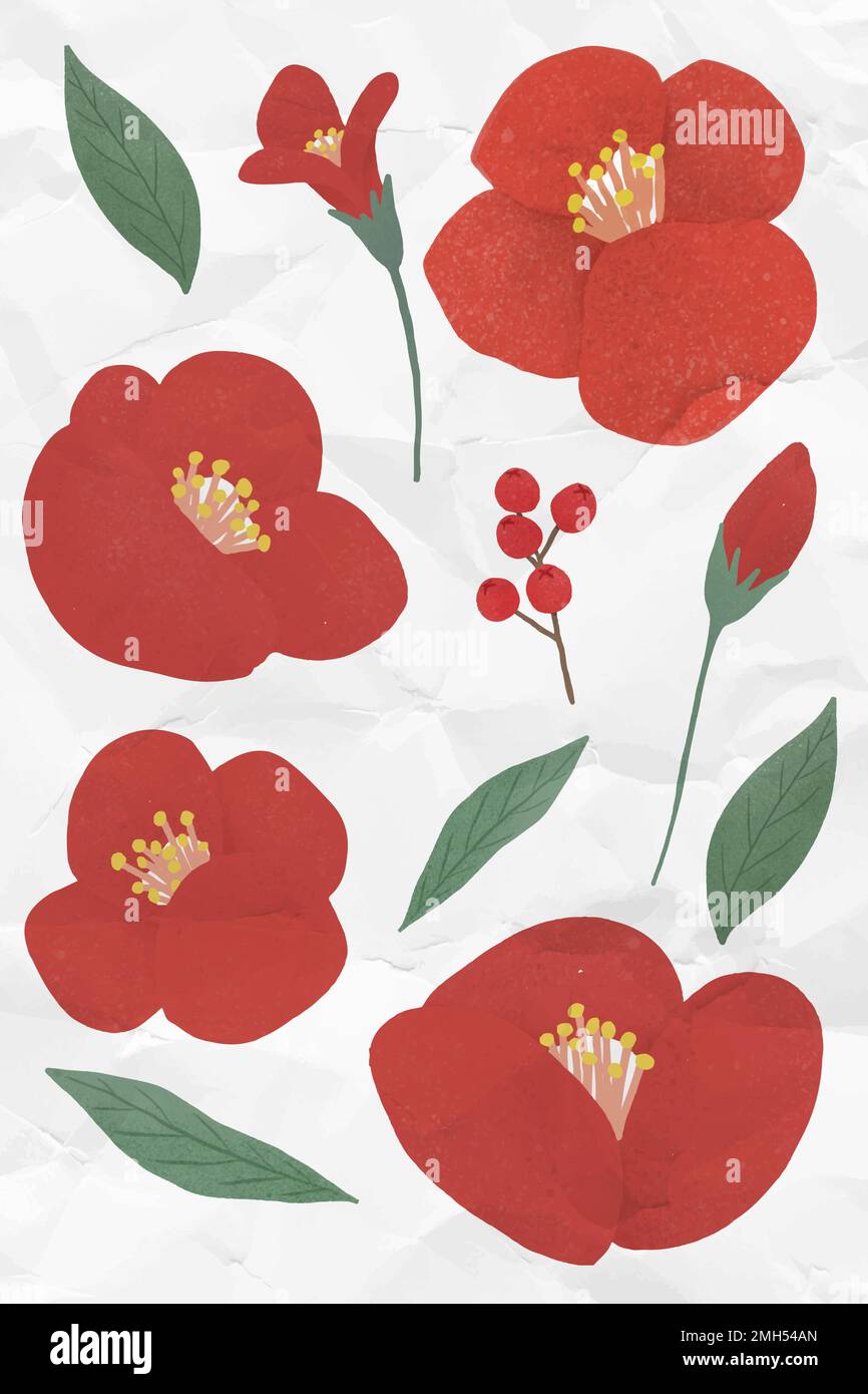 Red flower element set on a crumpled white paper background vector ...
