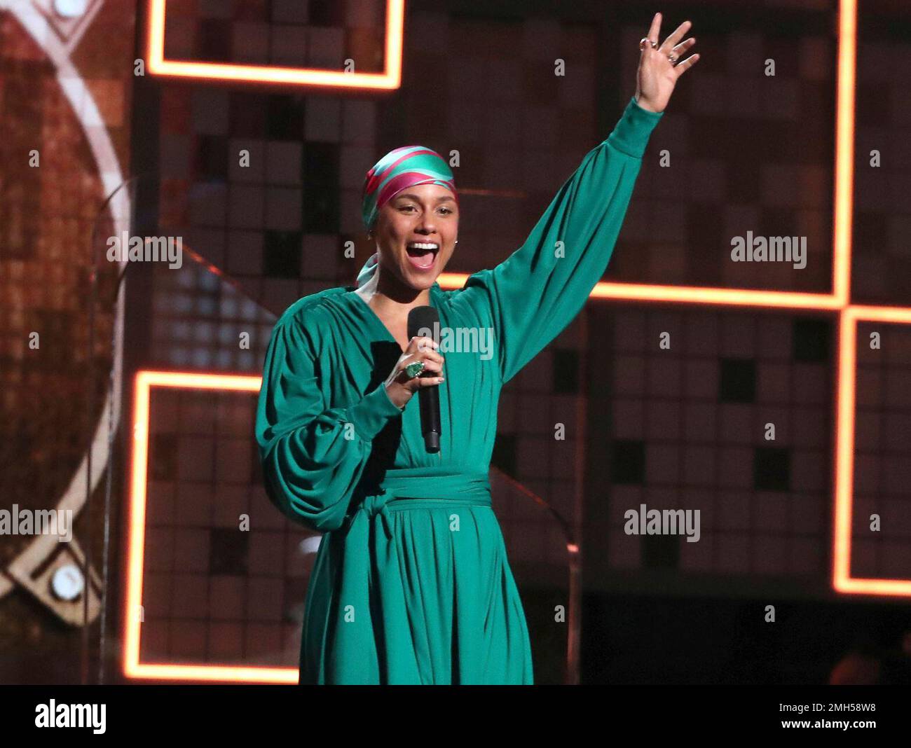 FILE - This Feb. 10, 2019 file photo shows host Alicia Keys speaking at ...