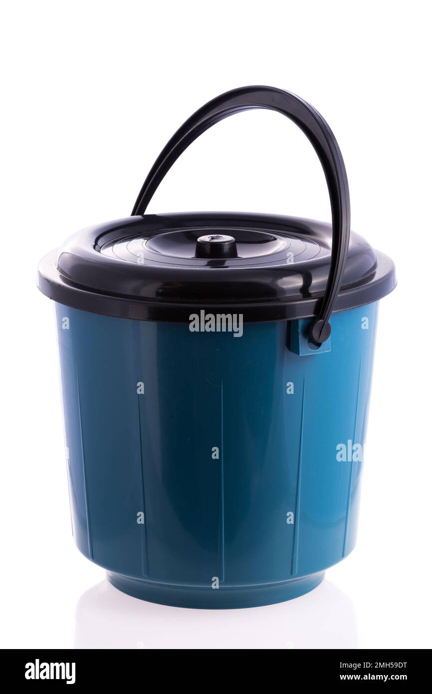 Blue Plastic Bucket With Cap, For Household Cleaning - On White ...