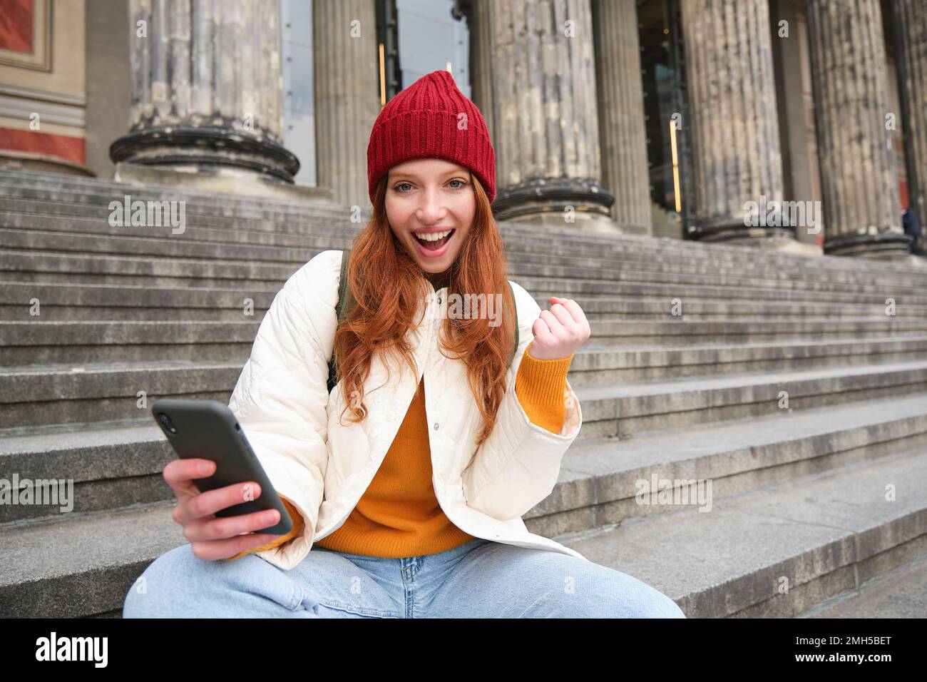 Yes I Did It Satisfied Redhead Girl Sits On Stairs On Street And