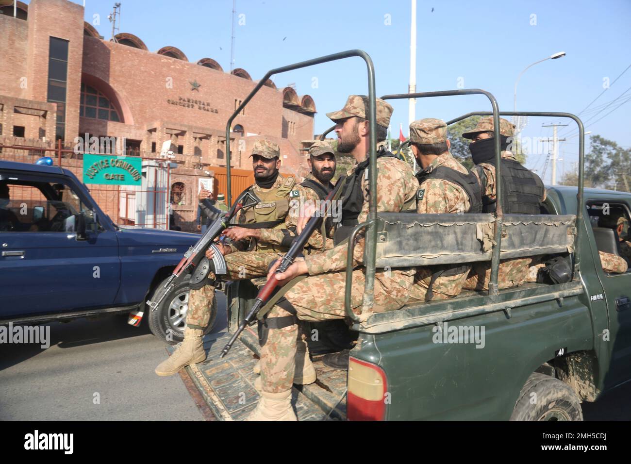 Armed army personnel guard outside the Gaddafi Stadium in Lahore ...