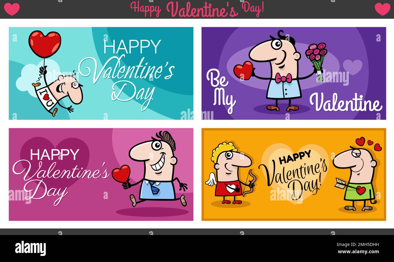 Valentines Day greeting card designs set with cartoon characters in ...