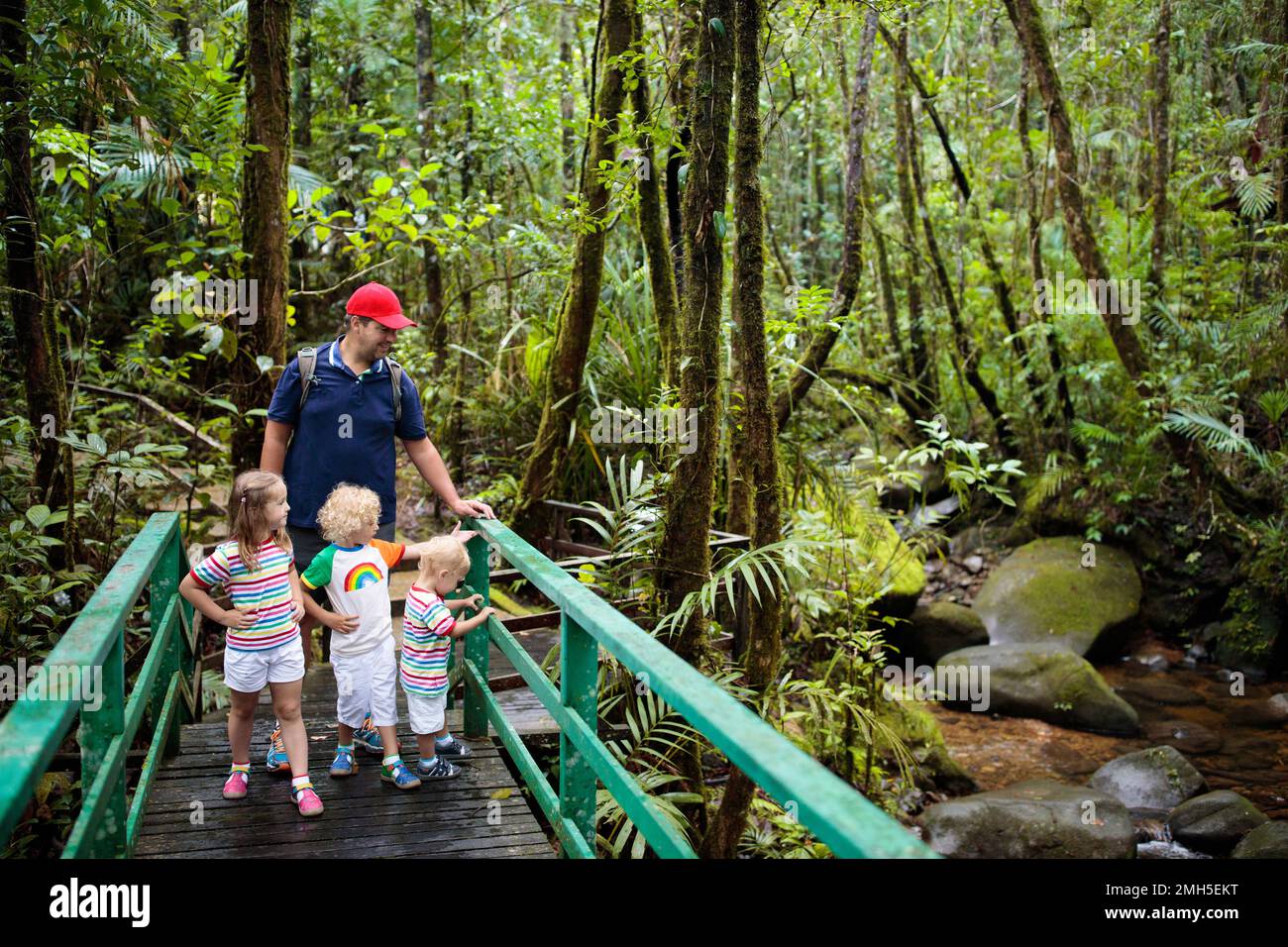 Family hiking in jungle. Father and kids on a hike in tropical ...