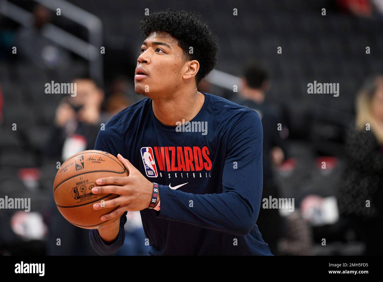 Washington Wizards forward Rui Hachimura, of Japan, warms up before an ...