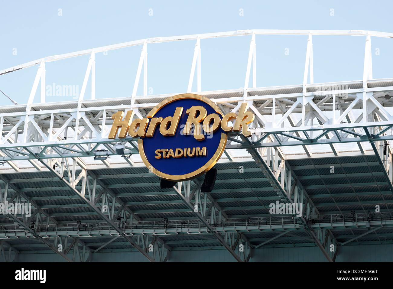 A Hard Rock Stadium sign is seen during a tour of Hard Rock Stadium on ...