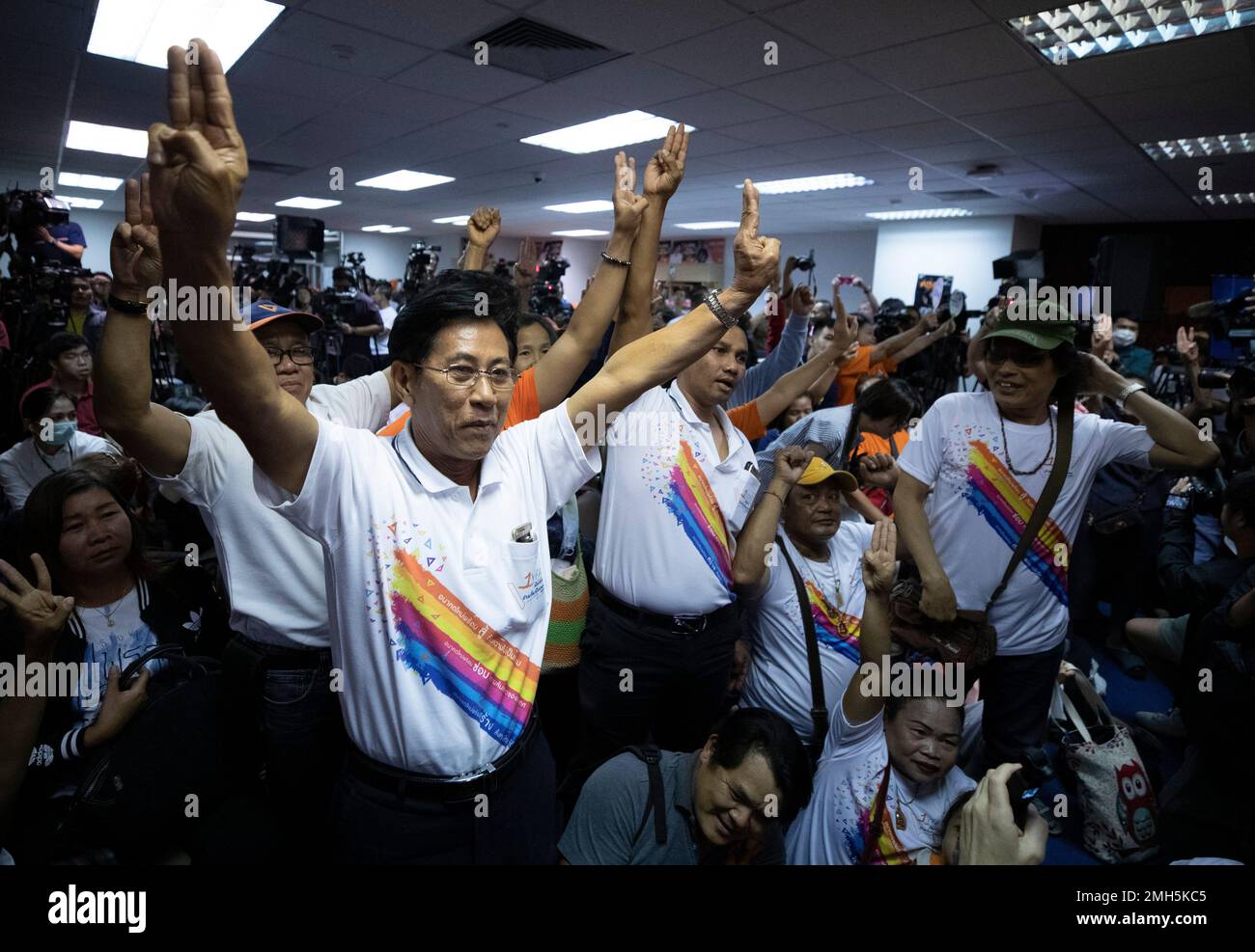Supporters celebrate at the Future Forward Party headquarters at in ...