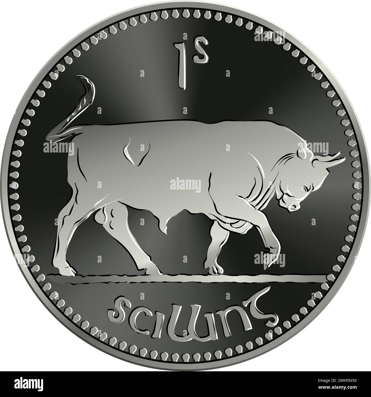 Irish money Pre-decimal Shilling coin with bull on reverse Stock Vector ...