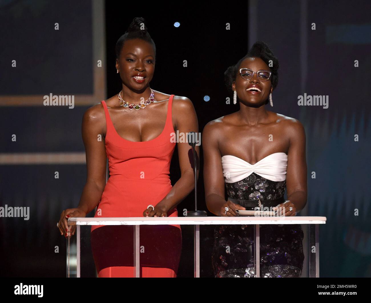 Danai Gurira, left, and Lupita Nyong'o present the award for ...