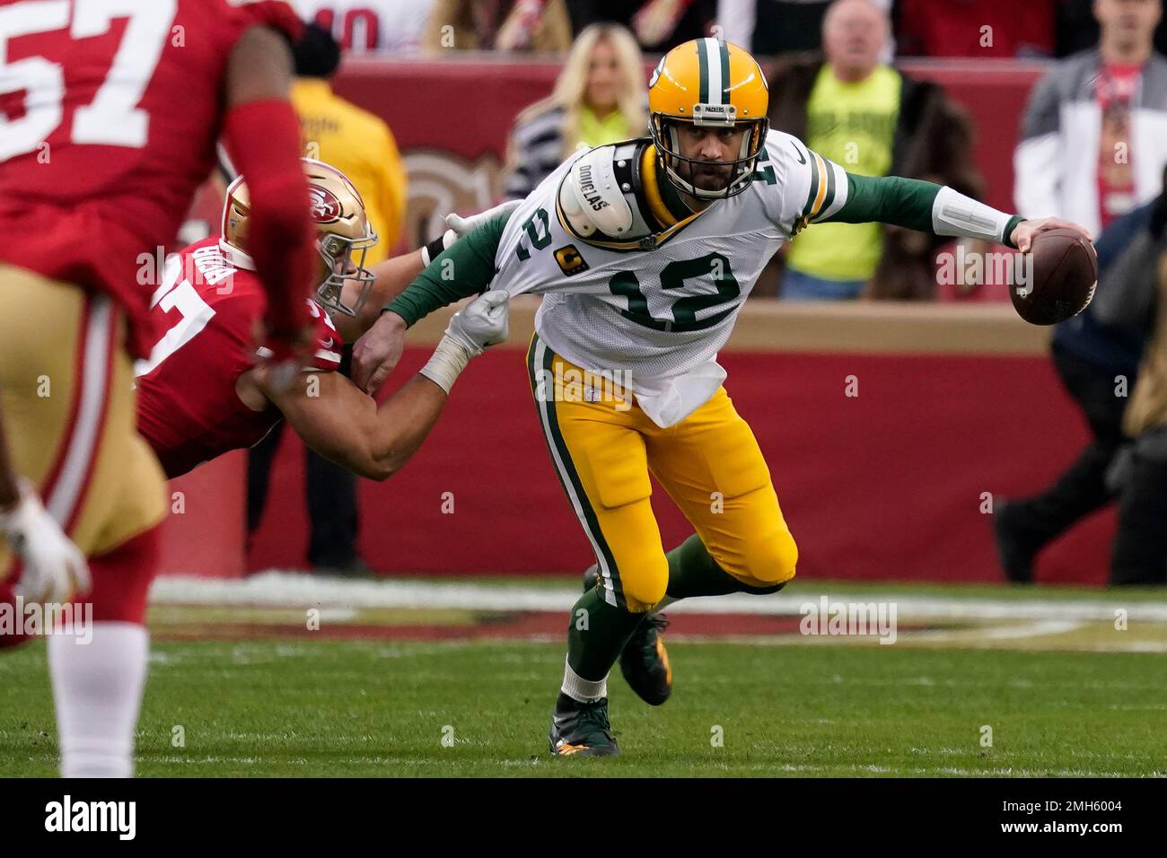 Green Bay Packers quarterback Aaron Rodgers (12) is sacked by San ...