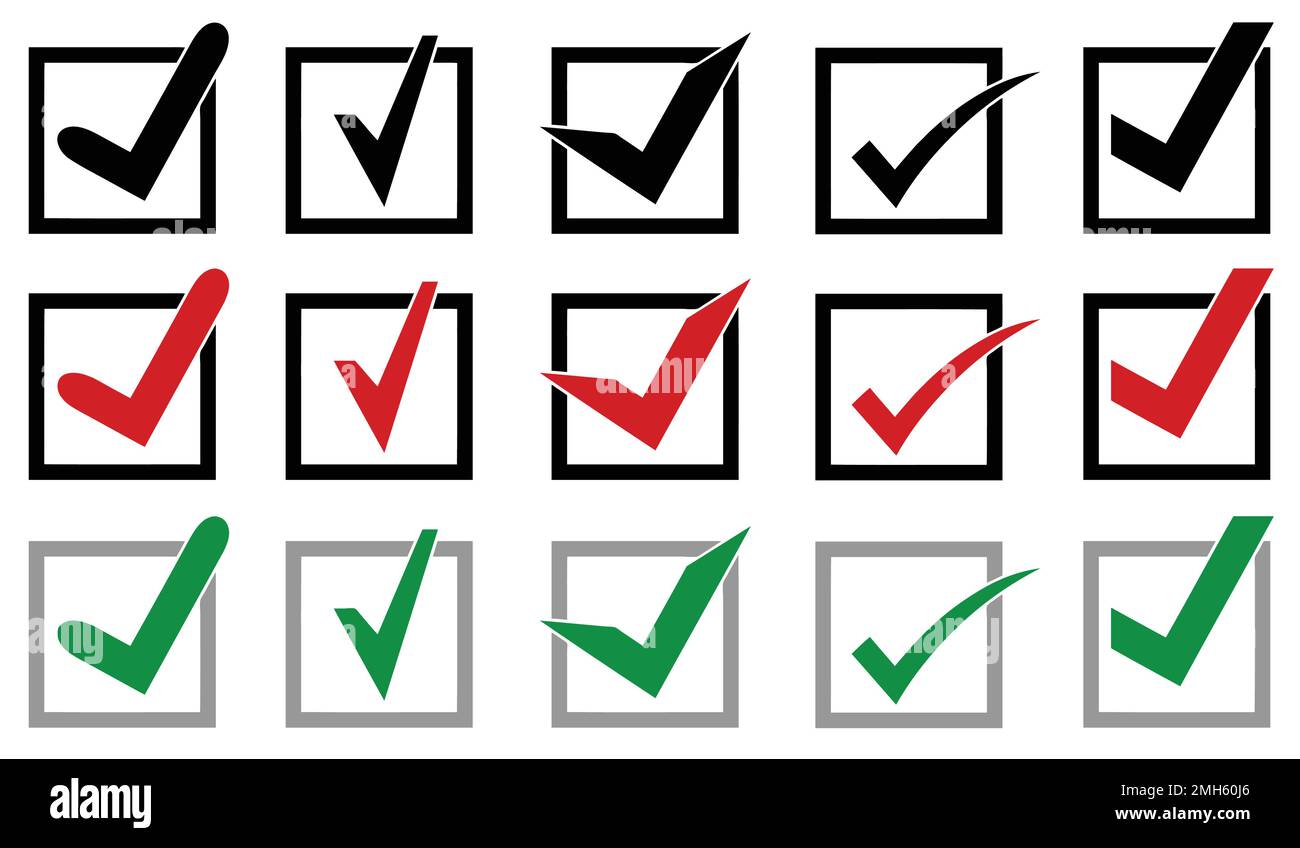 Collection of different check mark icons in boxes isolated on white ...
