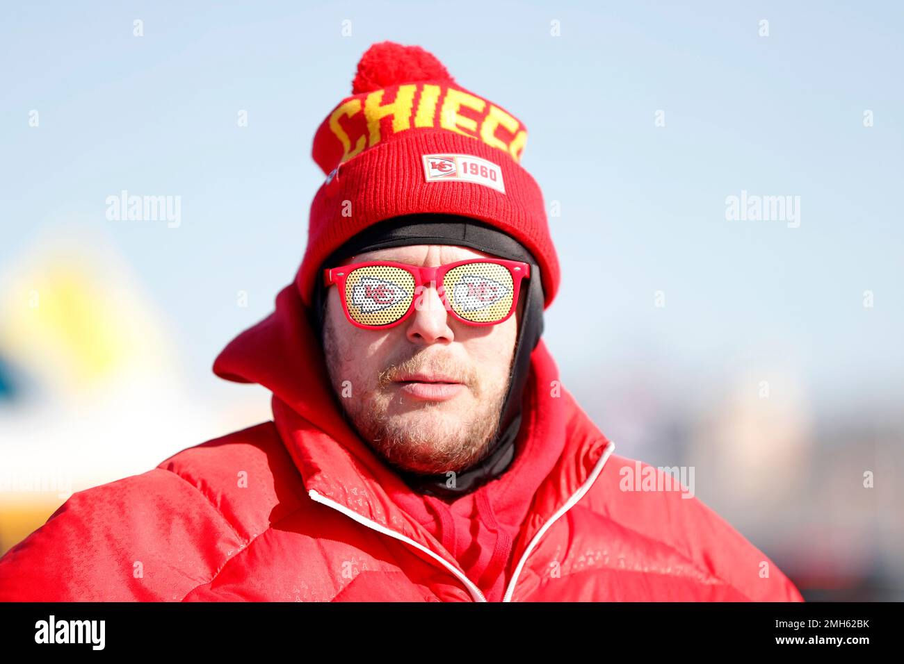A fan before the NFL AFC Championship football game between the Kansas ...