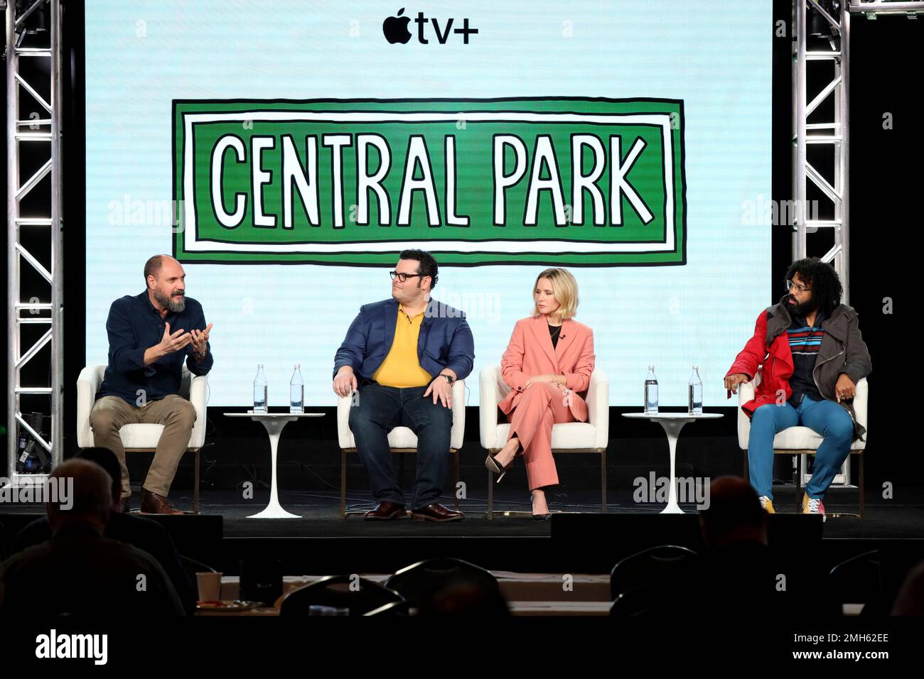 Loren Bouchard, from left, Josh Gad, Kristen Bell and Daveed Diggs speak at the "Central Park ...