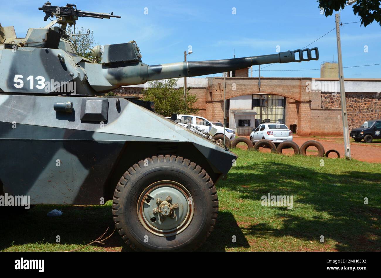 A police tank guards at Pedro Juan Caballero city jail main entrance in ...