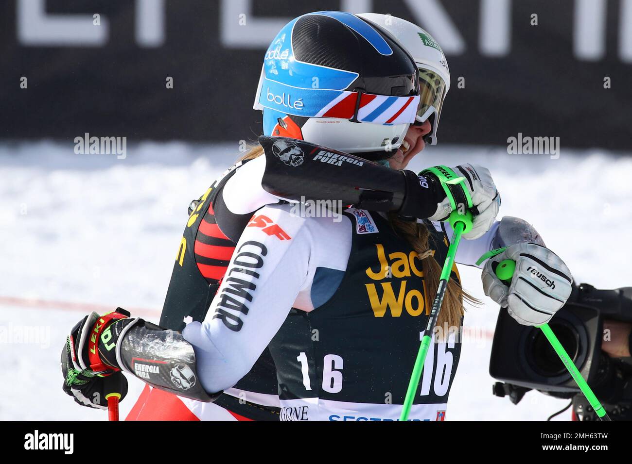 First placed France's Clara Direz, left, and second placed Austria's ...