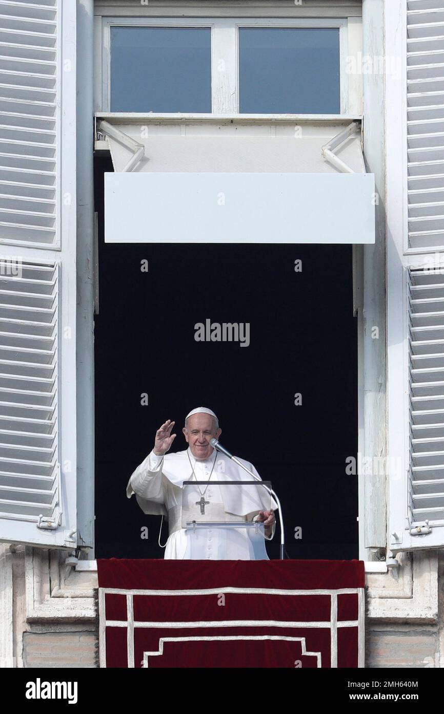 Pope Francis delivers a blessing from his studio window overlooking St ...