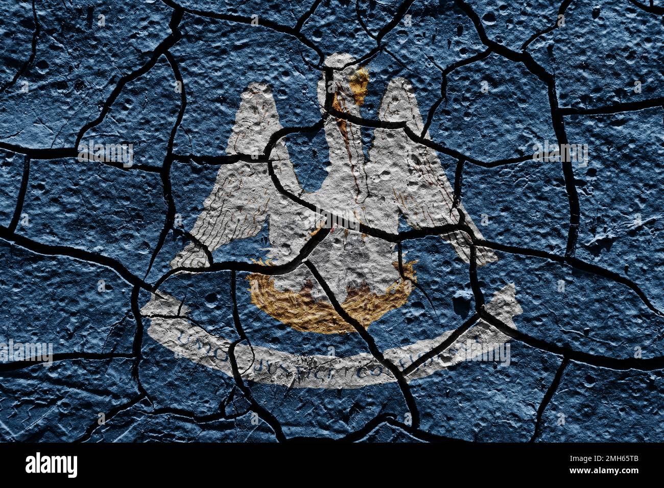 Louisiana state flag of United States on a mud texture of dry crack on ...