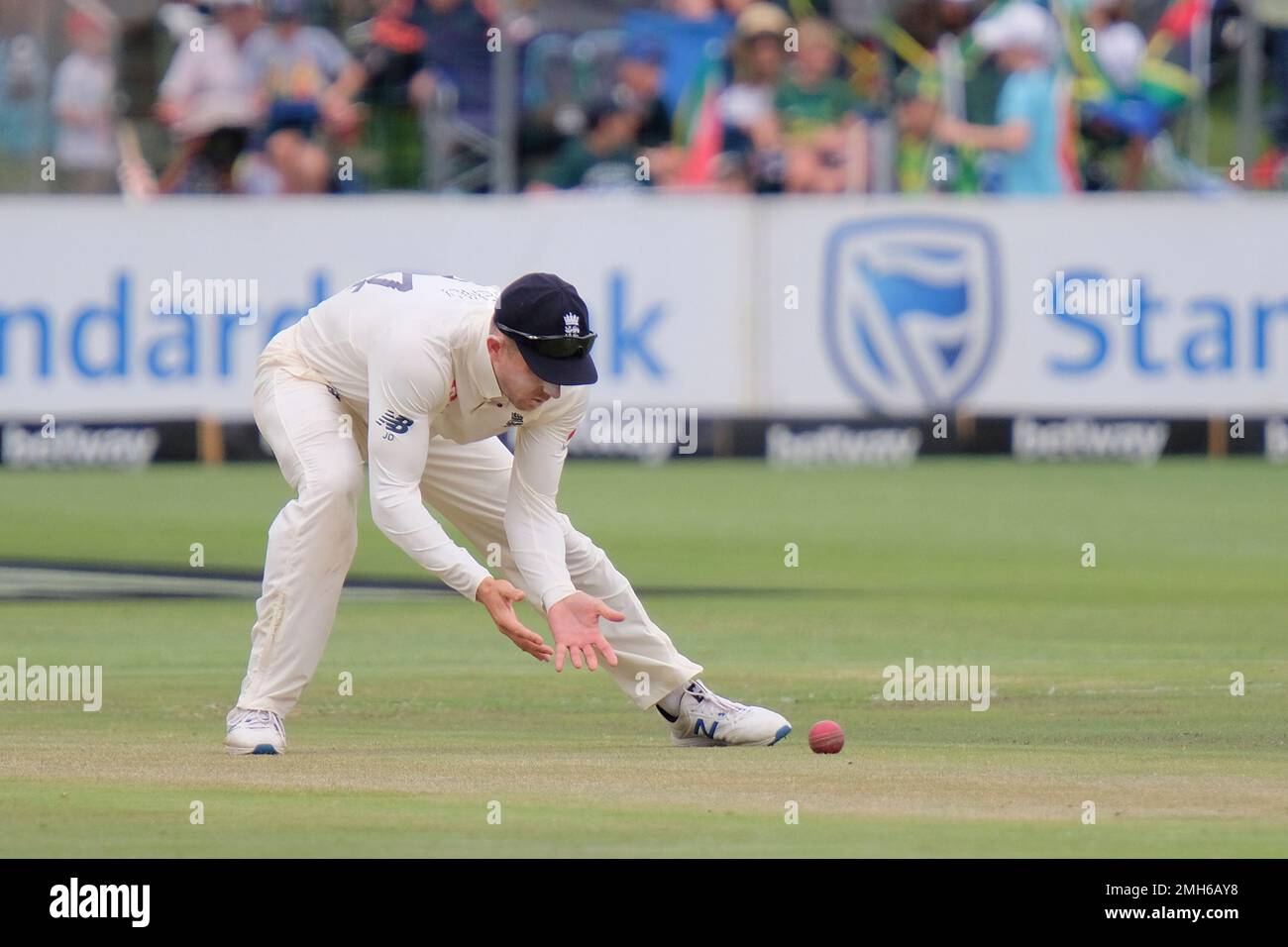 Joe Denly of England stops a ball during day two of the third cricket ...