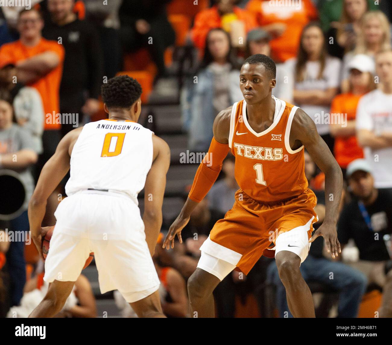 Texas guard Andrew Jones (1) defends during an NCAA college basketball ...