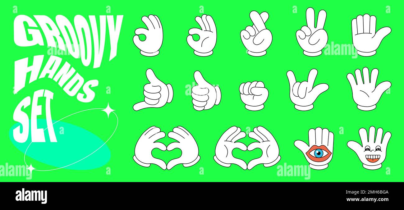 Retro groovy style hands set. Psychedelic hippie hand collection ...