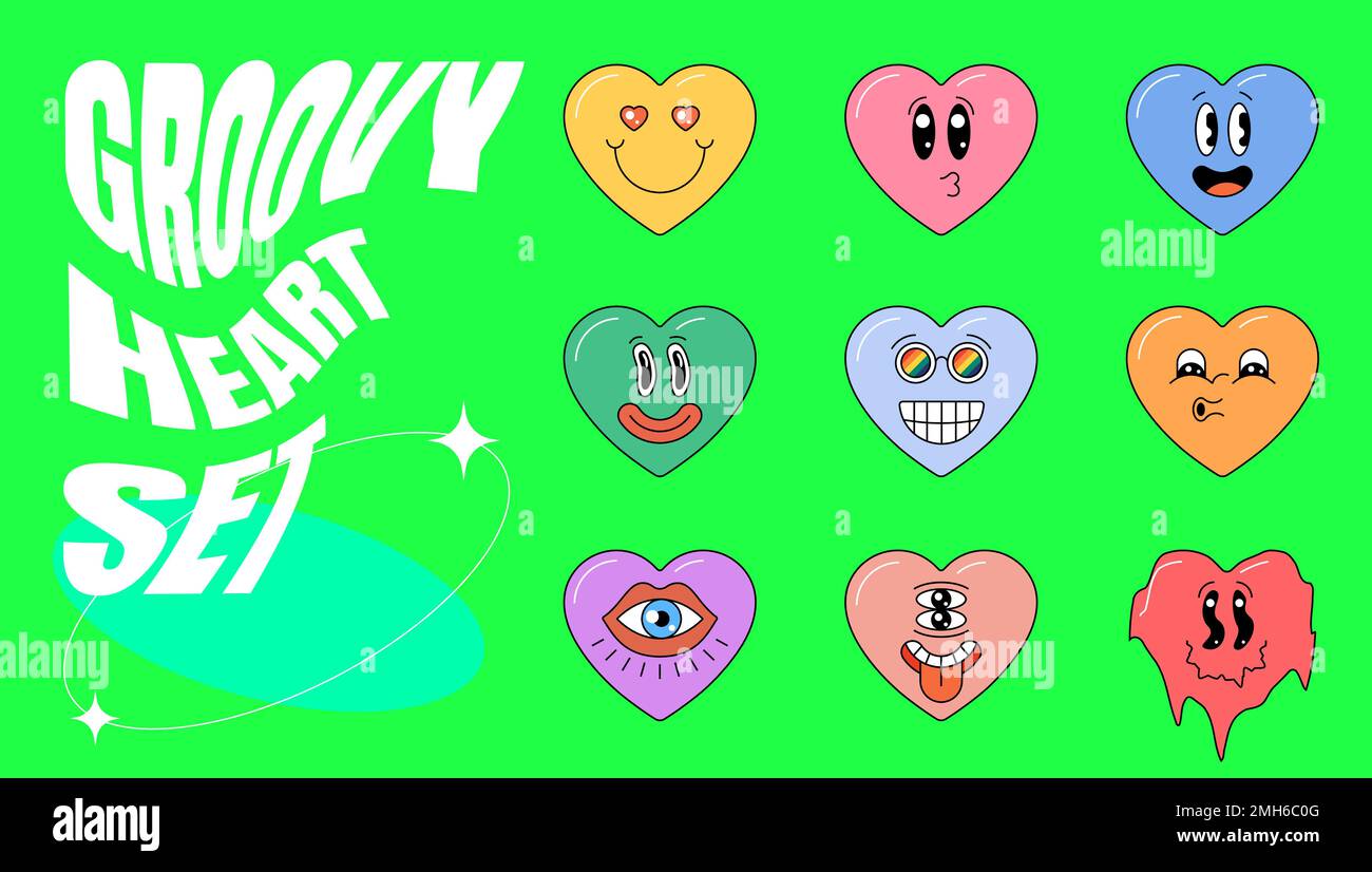 Retro groovy style heart shape set. Psychedelic hippie crazy love ...