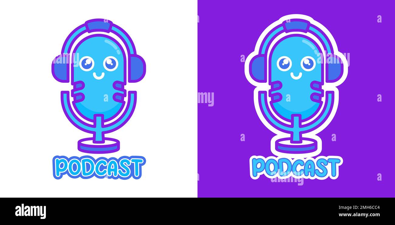 Podcast mic audio cute blue purple kawaii cartoon vector icon concept ...