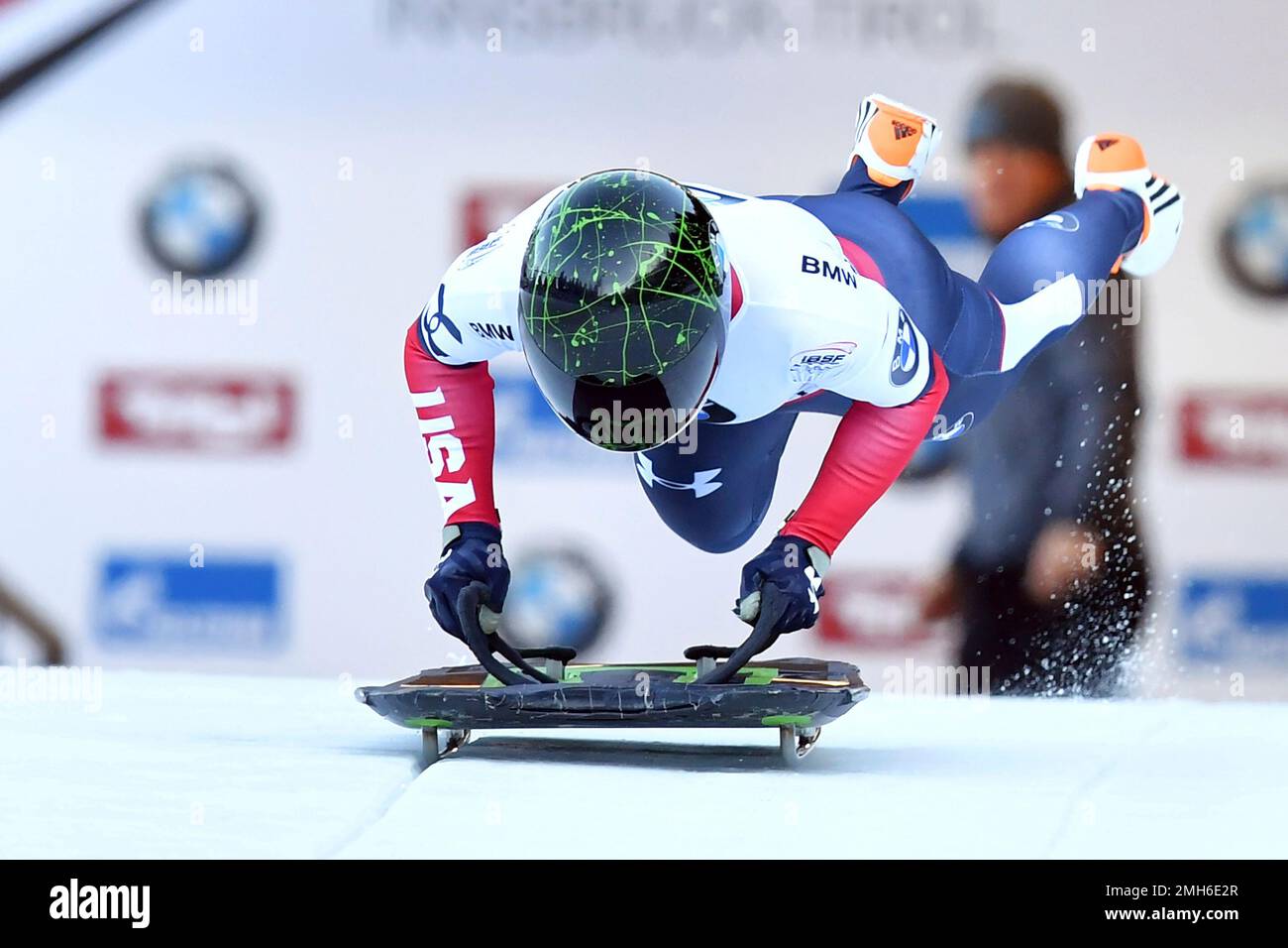 United States's Megan Henry jumps on her skeleton during her first run ...