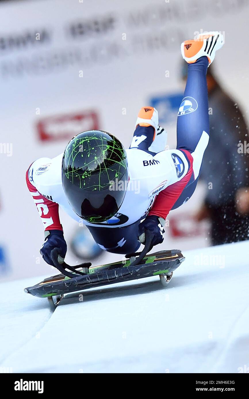 United States's Megan Henry jumps on her skeleton during her first run ...
