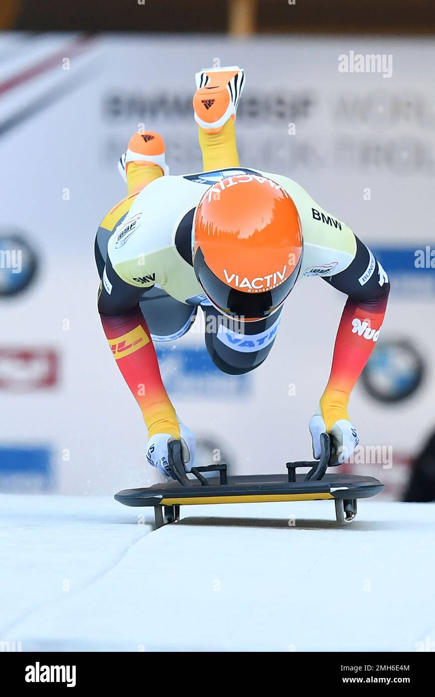 Germany's Jacqueline Loelling jumps on her skeleton during her first ...
