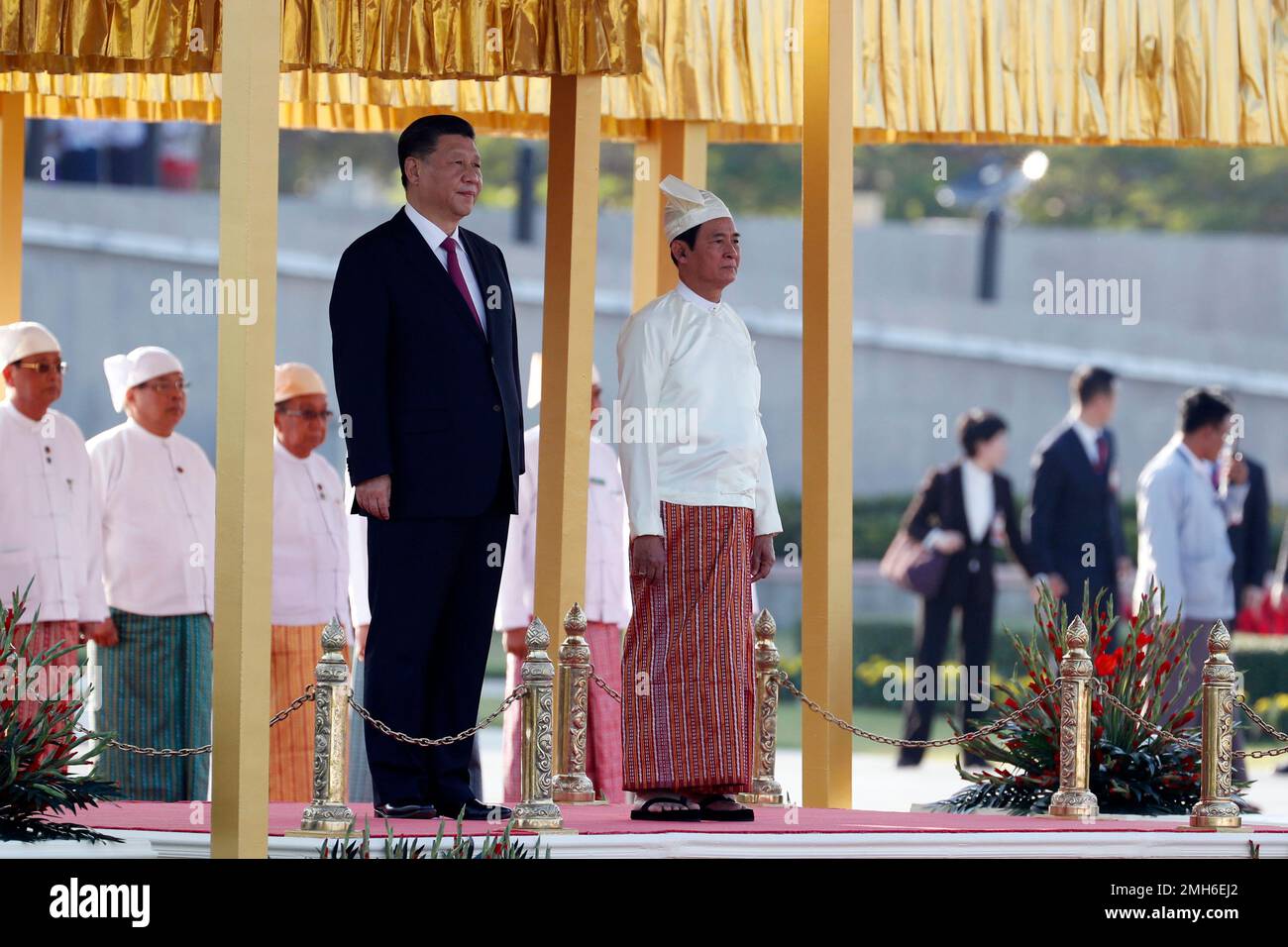 Myanmar's President Win Myint, center right, stands with Chinese ...