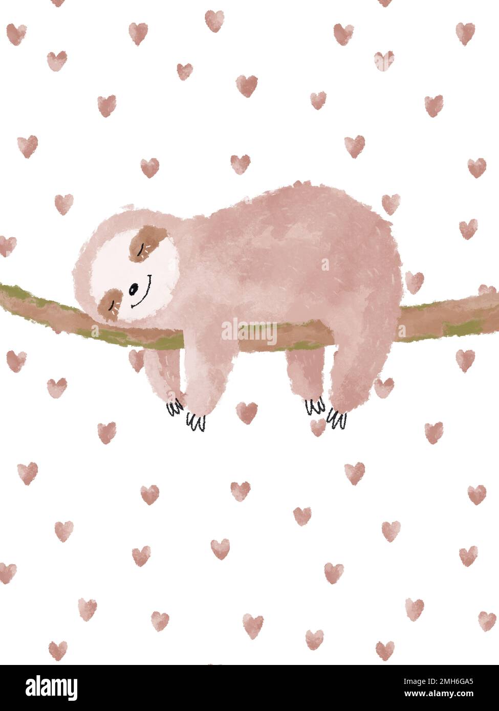 Cute sleeping sloth, pink hearts background illustration. Baby animal watercolor poster Stock ...