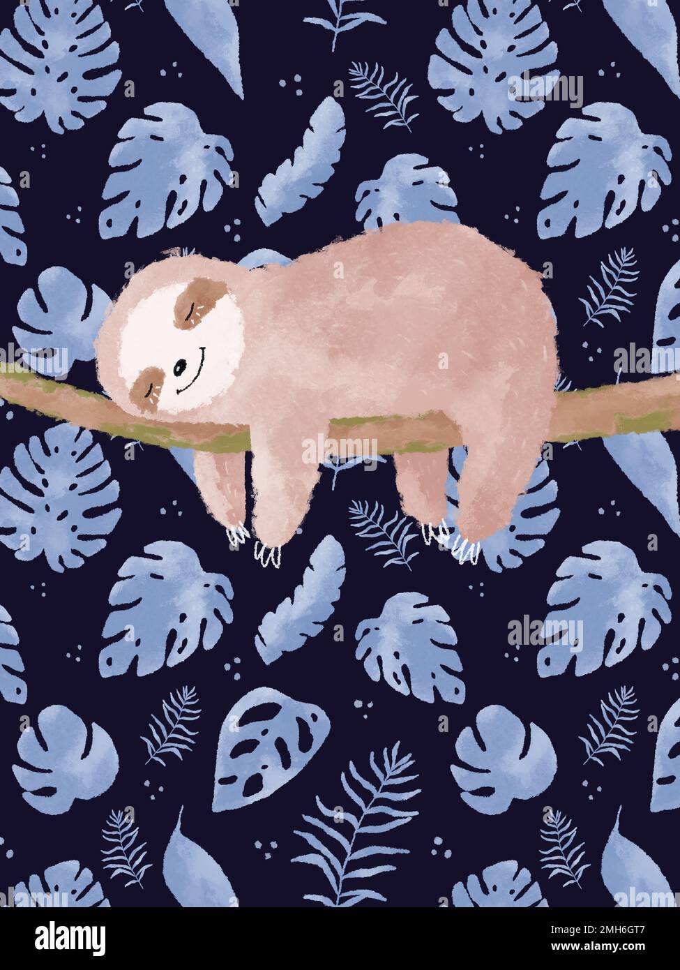 Cute sleeping sloth among tropical blue leaves watercolor illustration ...