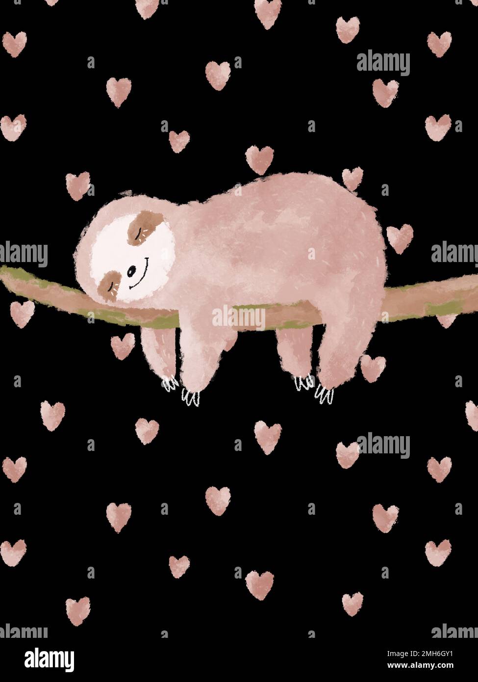 Cute sleeping sloth, pink hearts background illustration. Baby animal ...