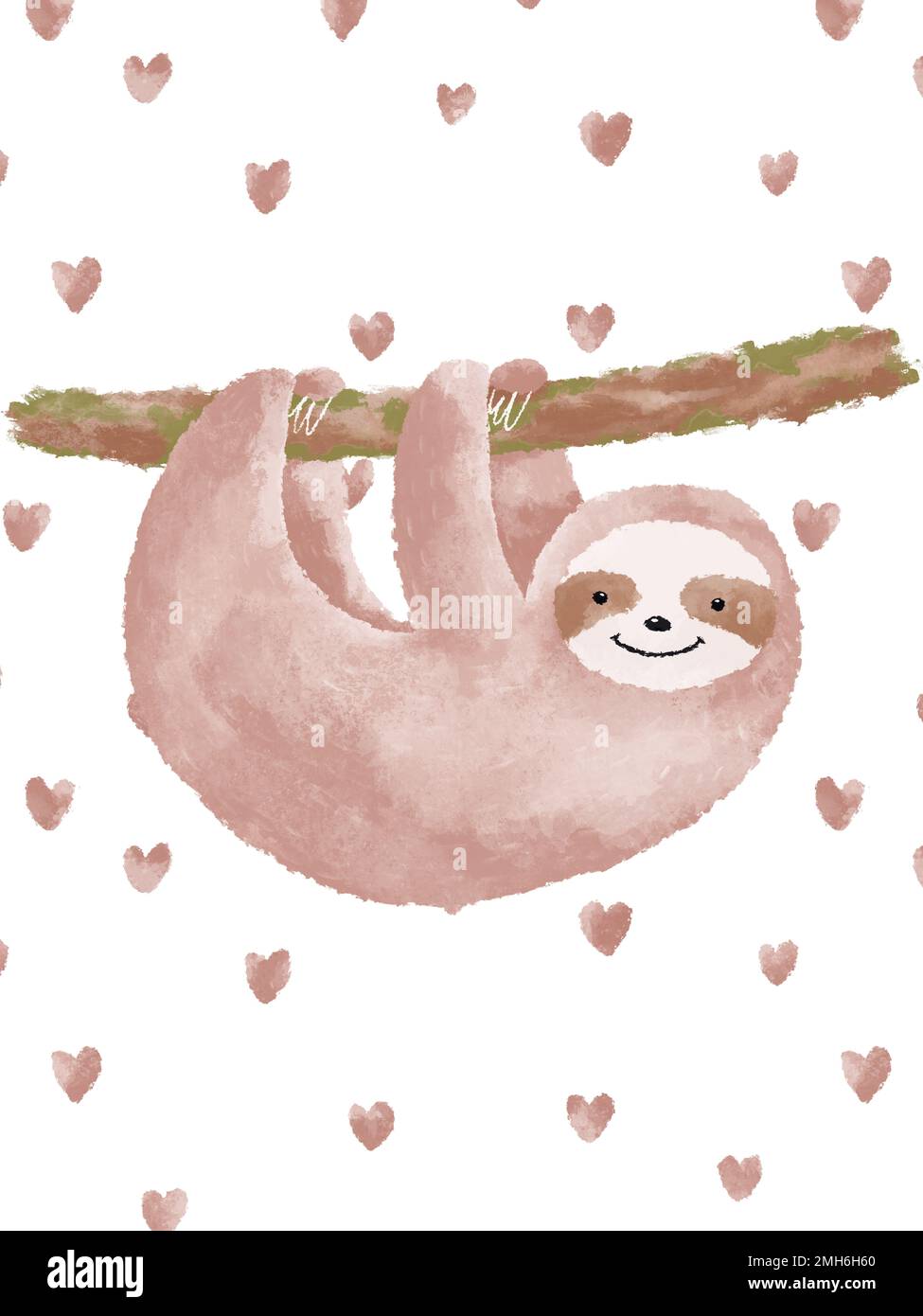 Cute sloth, pink hearts background illustration. Baby animal watercolor ...