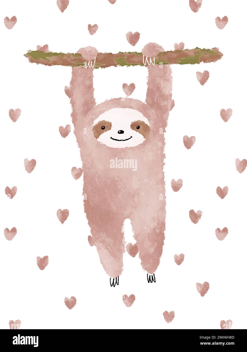 Cute baby sloth, pink hearts background illustration. Baby animal ...