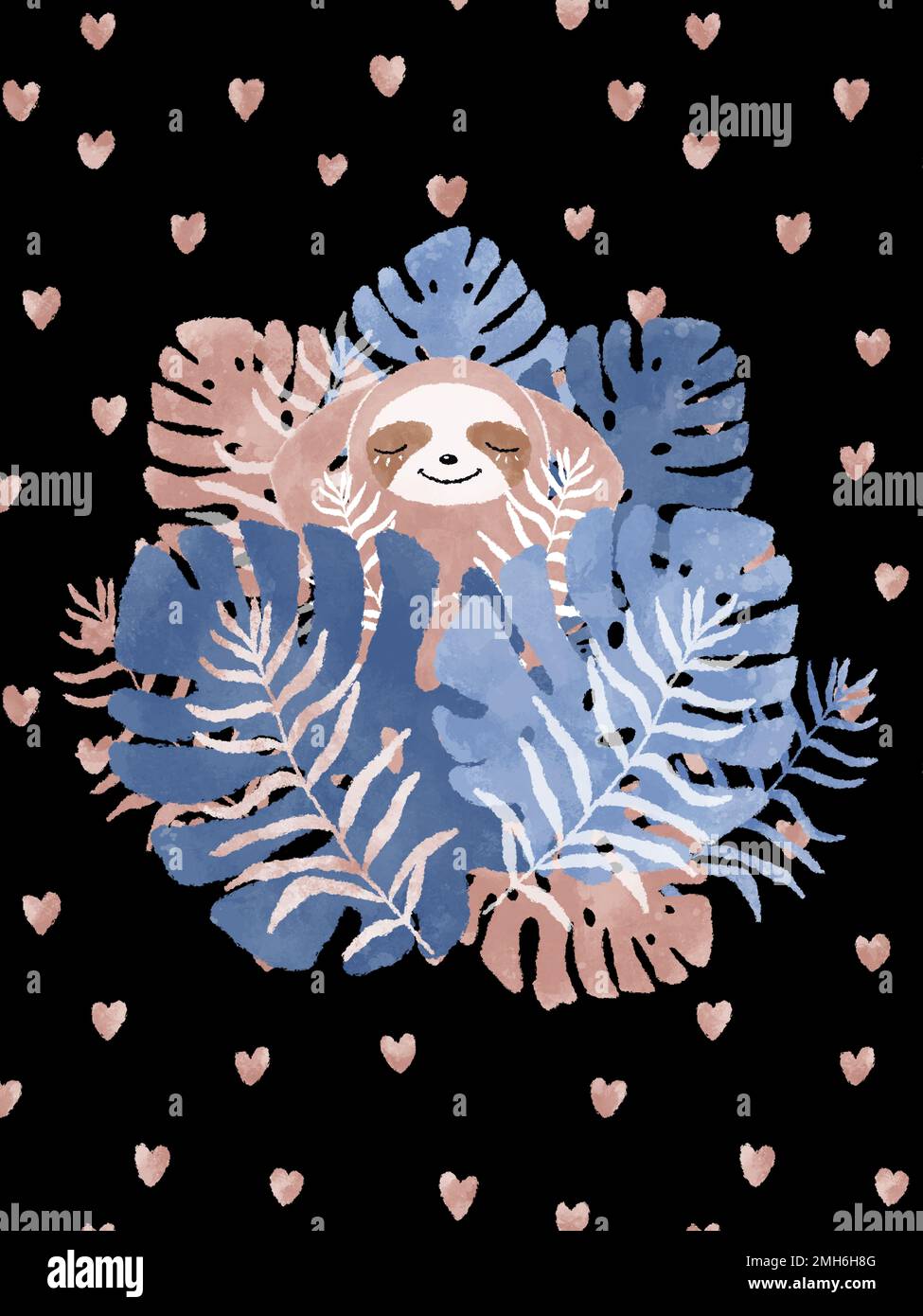 Cute sleeping sloth among tropical leaves, pink hearts background ...