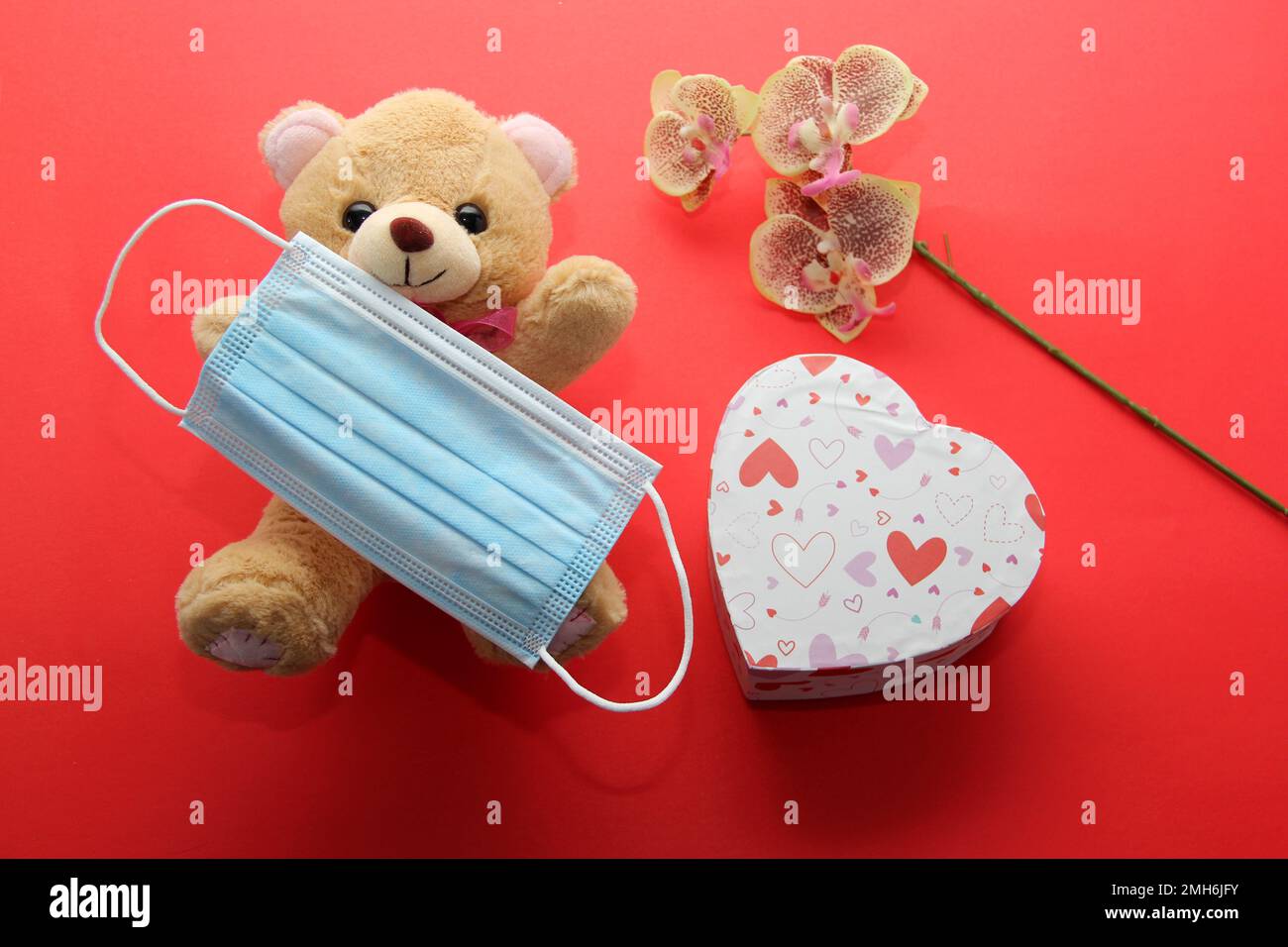 Valentine's Day in pendemic for covid-19, teddy bear, box of chocolates ...
