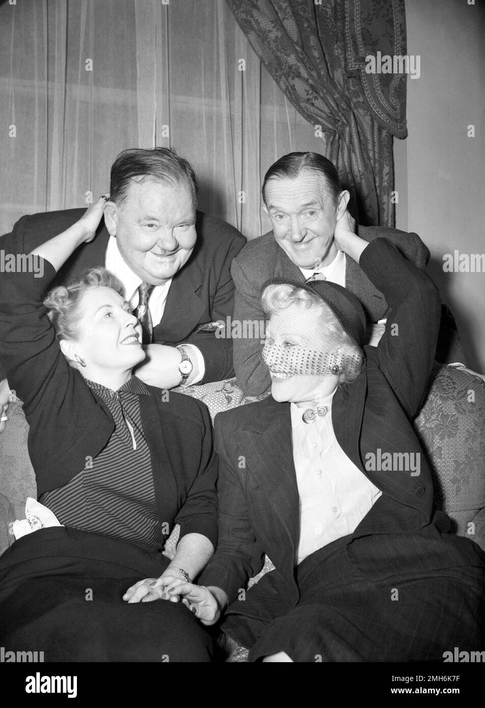 Oliver Hardy and his wife Virginia Jones, left, and Stan Laurel and his ...