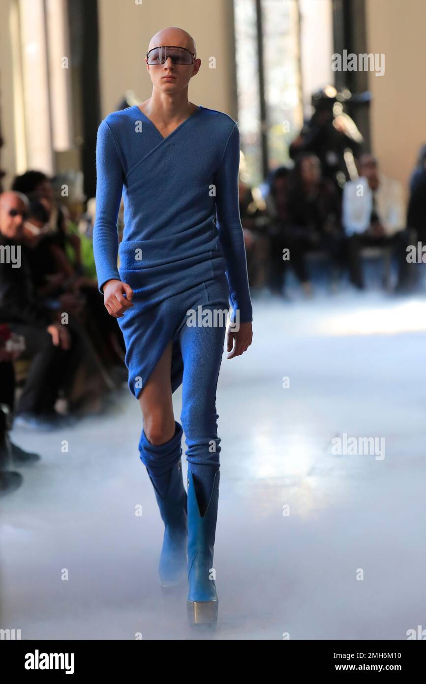 A model presents a creation for the Rick Owens Mens Fall/Winter 2019 ...