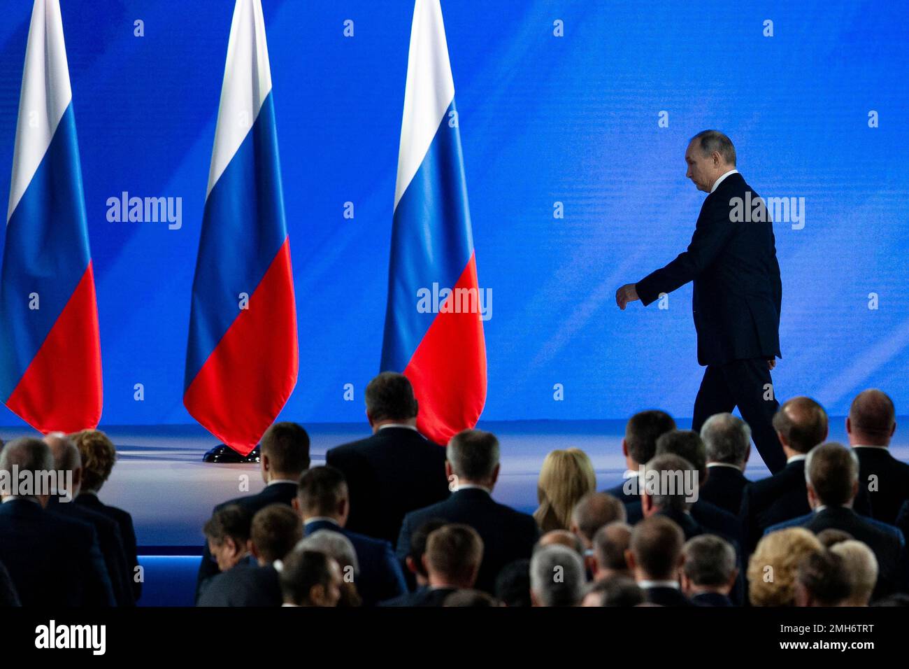 Russian President Vladimir Putin leaves a podium after addressing the ...