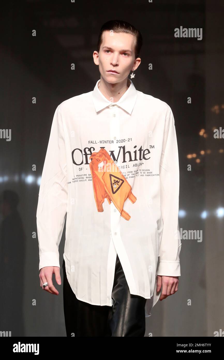 A model presents a creation for Off White Men's Fall/Winter 2020-2021 ...