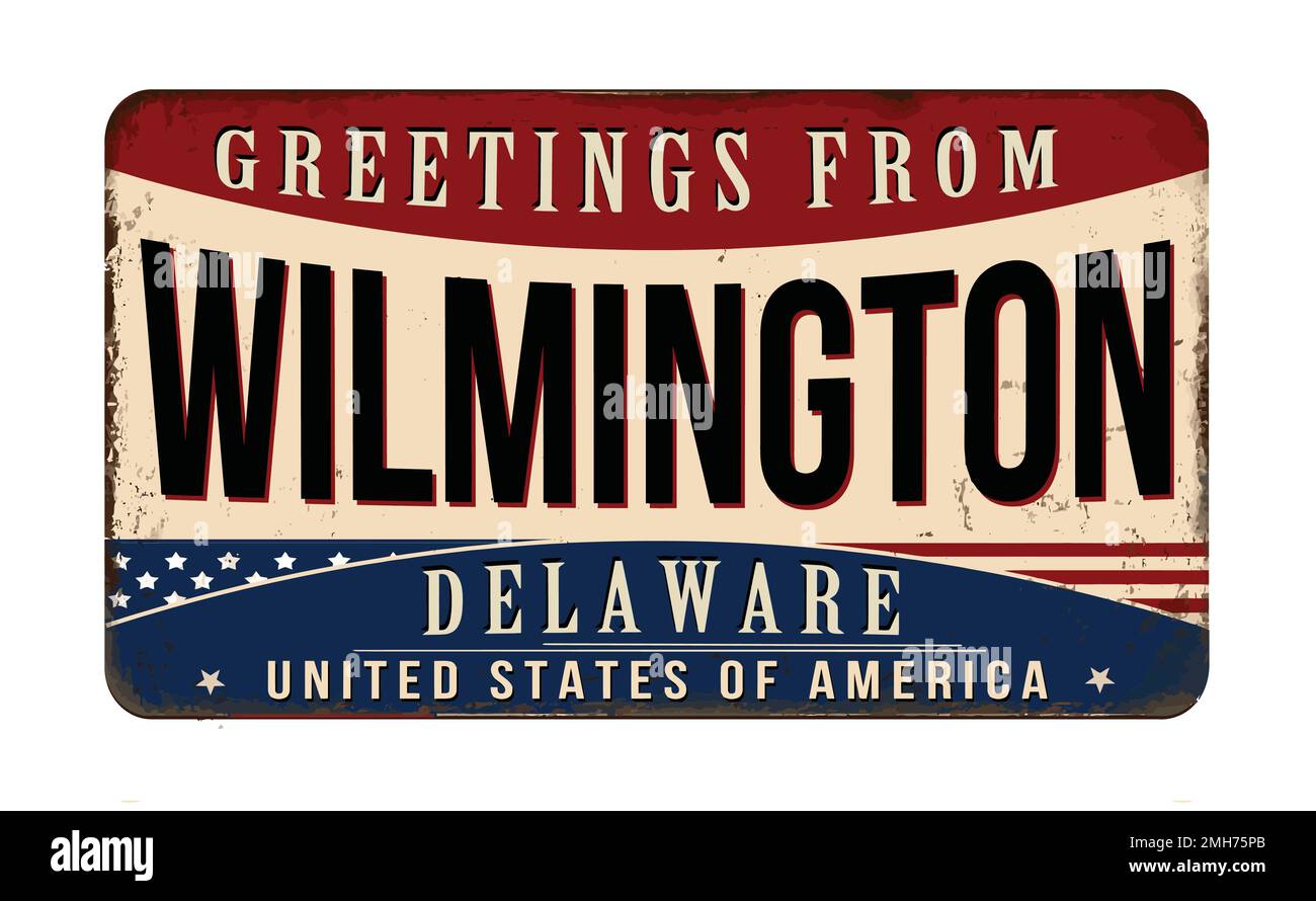 Greetings from Wilmington vintage rusty metal sign on a white ...