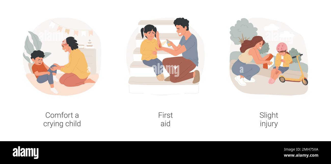 Child injury treatment isolated cartoon vector illustration set. Parent ...